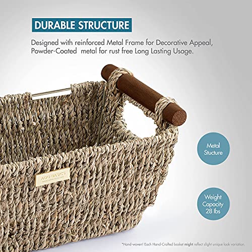 ADO Basics Seagrass Hand Woven Basket with Stain Resistant Polished Wooden Handles, Toilet paper Storage Wicker Baskets 12 inches Length, 6.29 inches Width, 4.25 inches Height, Natural