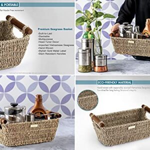 ADO Basics Seagrass Hand Woven Basket with Stain Resistant Polished Wooden Handles, Toilet paper Storage Wicker Baskets 12 inches Length, 6.29 inches Width, 4.25 inches Height, Natural