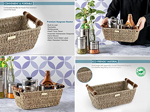 ADO Basics Seagrass Hand Woven Basket with Stain Resistant Polished Wooden Handles, Toilet paper Storage Wicker Baskets 12 inches Length, 6.29 inches Width, 4.25 inches Height, Natural