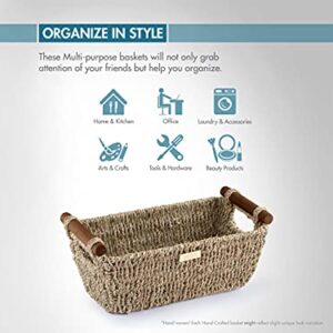 ADO Basics Seagrass Hand Woven Basket with Stain Resistant Polished Wooden Handles, Toilet paper Storage Wicker Baskets 12 inches Length, 6.29 inches Width, 4.25 inches Height, Natural