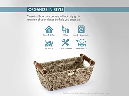 ADO Basics Seagrass Hand Woven Basket with Stain Resistant Polished Wooden Handles, Toilet paper Storage Wicker Baskets 12 inches Length, 6.29 inches Width, 4.25 inches Height, Natural