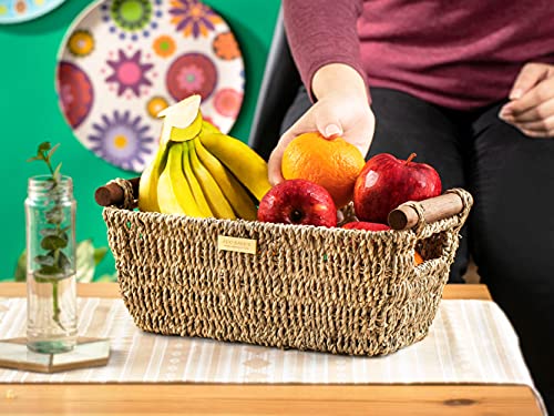 ADO Basics Seagrass Hand Woven Basket with Stain Resistant Polished Wooden Handles, Toilet paper Storage Wicker Baskets 12 inches Length, 6.29 inches Width, 4.25 inches Height, Natural