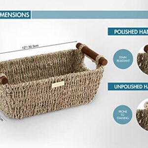 ADO Basics Seagrass Hand Woven Basket with Stain Resistant Polished Wooden Handles, Toilet paper Storage Wicker Baskets 12 inches Length, 6.29 inches Width, 4.25 inches Height, Natural