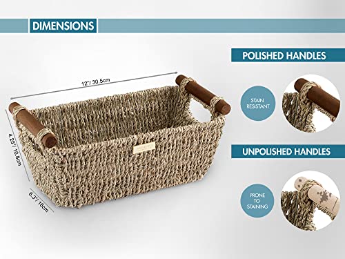 ADO Basics Seagrass Hand Woven Basket with Stain Resistant Polished Wooden Handles, Toilet paper Storage Wicker Baskets 12 inches Length, 6.29 inches Width, 4.25 inches Height, Natural