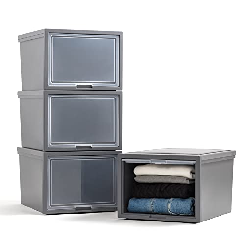 IRIS USA 42 Qt. Stackable Storage System for Clothes, Large, 4 Pack, Plastic Dresser Chest with Flip-Up Door, Great for Closet, Home, Office, Bedroom and Nursery, Dark Gray