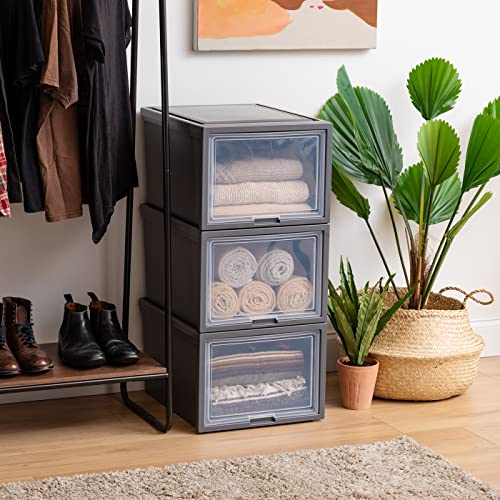 IRIS USA 42 Qt. Stackable Storage System for Clothes, Large, 4 Pack, Plastic Dresser Chest with Flip-Up Door, Great for Closet, Home, Office, Bedroom and Nursery, Dark Gray