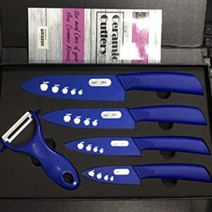 Serrated Royal Blue Ceramic Knife Set with 5" Serrated Knife, Kitchen Knife Set - Includes 3”, 4”, 5”, 6” Ceramic Knives, Matching Sheaths and a Matching Vegetable Peeler in a Gift Box