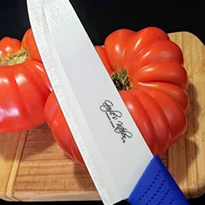 Serrated Royal Blue Ceramic Knife Set with 5" Serrated Knife, Kitchen Knife Set - Includes 3”, 4”, 5”, 6” Ceramic Knives, Matching Sheaths and a Matching Vegetable Peeler in a Gift Box