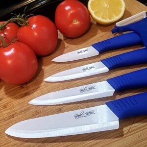 Serrated Royal Blue Ceramic Knife Set with 5" Serrated Knife, Kitchen Knife Set - Includes 3”, 4”, 5”, 6” Ceramic Knives, Matching Sheaths and a Matching Vegetable Peeler in a Gift Box