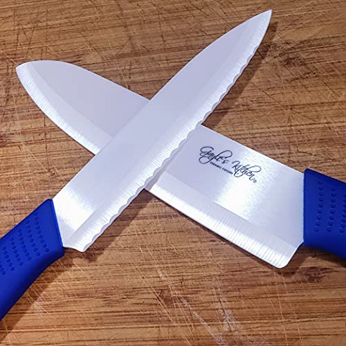 Serrated Royal Blue Ceramic Knife Set with 5" Serrated Knife, Kitchen Knife Set - Includes 3”, 4”, 5”, 6” Ceramic Knives, Matching Sheaths and a Matching Vegetable Peeler in a Gift Box