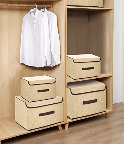 Fabric storage box with Lids 4 pieces beige Fabric Foldable Storage Box Bin with Lids Collapsible Clothes Storage Box Bin Dust proof Closet Storage Box