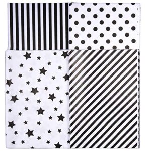 Whaline 120 Sheet White Black Tissue Paper Star Stripes Dots Pattern Tissue Paper 4 Styles Simple Gift Wrapping Paper Bulk for Birthday DIY Crafts New Year Gift Bag Supplies, 14 x 20"