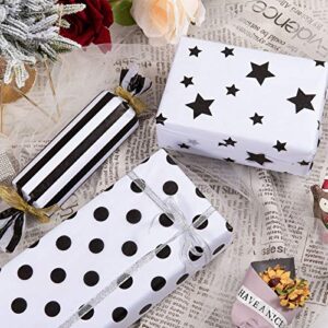 Whaline 120 Sheet White Black Tissue Paper Star Stripes Dots Pattern Tissue Paper 4 Styles Simple Gift Wrapping Paper Bulk for Birthday DIY Crafts New Year Gift Bag Supplies, 14 x 20"