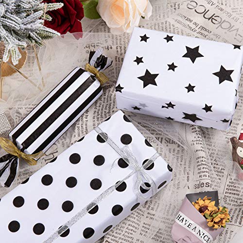 Whaline 120 Sheet White Black Tissue Paper Star Stripes Dots Pattern Tissue Paper 4 Styles Simple Gift Wrapping Paper Bulk for Birthday DIY Crafts New Year Gift Bag Supplies, 14 x 20"