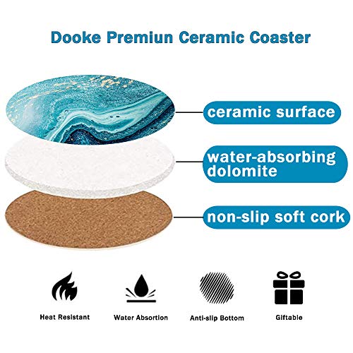 Dooke Coasters for Drinks, Round Absorbent Ceramic Stone Coasters Set of 6 with Cork Base, Funny Drink Coasters with Holder for Cold Drinks Wine Mugs and Cups Tabletop Protection, 4 Inches,Teal Marble