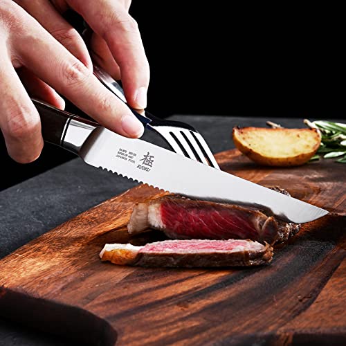 KYOKU 5 Inch Steak Knife Set of 4 - Daimyo Series Japanese 440C Stainless Steel Serrated Steak Knives - Ergonomic Rosewood Handles Mosaic Pins - with Sheaths & Case