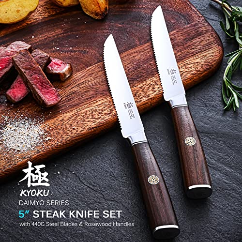 KYOKU 5 Inch Steak Knife Set of 4 - Daimyo Series Japanese 440C Stainless Steel Serrated Steak Knives - Ergonomic Rosewood Handles Mosaic Pins - with Sheaths & Case