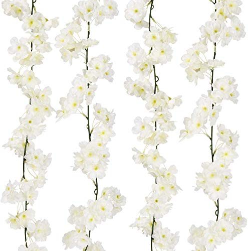 Artflower 2 Pack Artificial Cherry Blossom Garland Hanging Vine Silk Garland Silk Artificial Flower Faux Sakura Garland for Wedding Garden Arch Wall Home Party Decor（White）