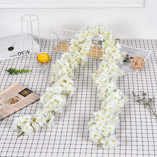 Artflower 2 Pack Artificial Cherry Blossom Garland Hanging Vine Silk Garland Silk Artificial Flower Faux Sakura Garland for Wedding Garden Arch Wall Home Party Decor（White）