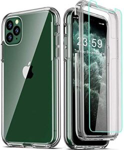 coolqo compatible with iphone 11 pro max case, and [2 x tempered glass screen protector] clear 360 full body coverage hard pc+soft silicone tpu 3in1 shockproof protective phone cover