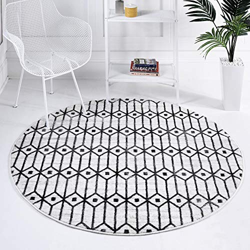 Rugs.com Lattice Trellis Collection Rug – 8 Ft Round White Low-Pile Rug Perfect for Kitchens, Dining Rooms