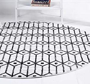 Rugs.com Lattice Trellis Collection Rug – 8 Ft Round White Low-Pile Rug Perfect for Kitchens, Dining Rooms