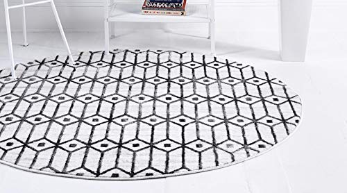 Rugs.com Lattice Trellis Collection Rug – 8 Ft Round White Low-Pile Rug Perfect for Kitchens, Dining Rooms