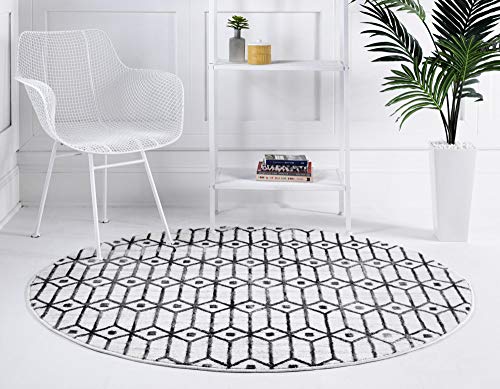 Rugs.com Lattice Trellis Collection Rug – 8 Ft Round White Low-Pile Rug Perfect for Kitchens, Dining Rooms