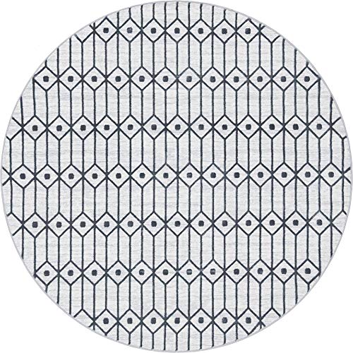 Rugs.com Lattice Trellis Collection Rug – 8 Ft Round White Low-Pile Rug Perfect for Kitchens, Dining Rooms