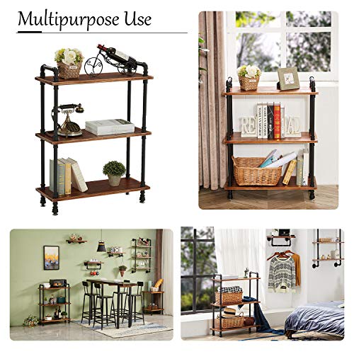 Anynice Industrial Bookshelf, Pipe Shelves, Industrial Pipe Shelving, 3 Tier Bookshelf,Pipe Bookshelf,Industrial Pipe Shelf(Rustic Brown, 29.5" L x 11.8" W x 39" H)