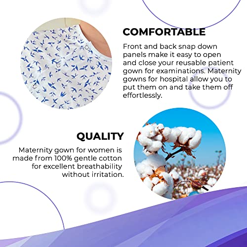 AMZ Medical Supply Hospital Gowns for Women, Pack of 3 Large White Patient Gowns with Bird Print, Short Sleeves, Front and Back Snaps, Soft Cotton Patient Gown, Convenient Labor and Delivery Gowns