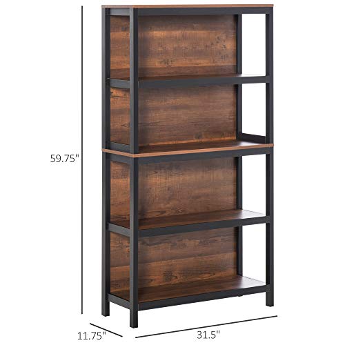 HOMCOM Shelves for Storage, 4 Tier Bookshelf Utility Organizer with Back Support and Anti-Topple Design, Walnut/Black