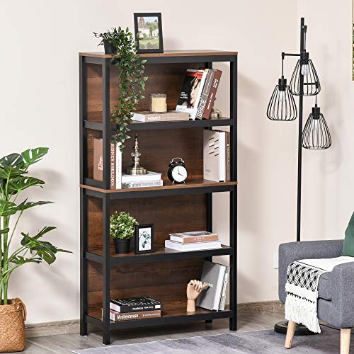 HOMCOM Shelves for Storage, 4 Tier Bookshelf Utility Organizer with Back Support and Anti-Topple Design, Walnut/Black