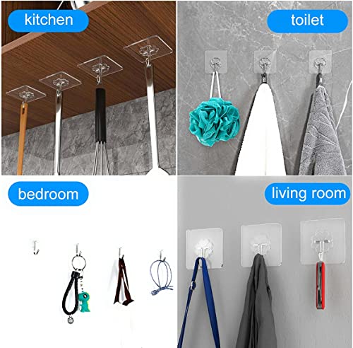 QUALIALL 33lbs Adhesive Hooks for Hanging on Wall or Ceiling, Heavy Duty, Clear, Damage Free, Traceless, Stick on Hangers for Kitchen Bathroom, 10pcs