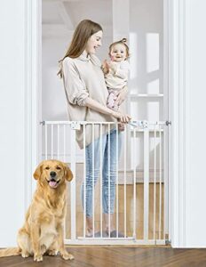 innotruth 29"- 39.6“ baby gate for doorways and stairs, 36" extra tall no drill wall protected dog gate, 45cm wide walk thru auto close metal child gate, easy to install and one-hand opening, white