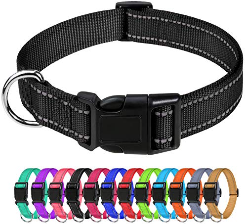 TagME Reflective Nylon Dog Collars, Adjustable Classic Dog Collar with Quick Release Buckle for Small Dogs, Black, 5/8" Width