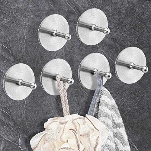 Hystun Towel Hooks Adhesive Hooks Stainless Steel Hooks for Hanging Heavy Duty Waterproof Self Adhesive Wall Hooks No Drilling Towel Hooks for Bathrooms Bedroom Kitchen Hanging Robe Coat- 6 Packs