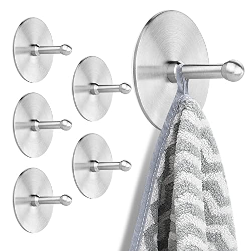 Hystun Towel Hooks Adhesive Hooks Stainless Steel Hooks for Hanging Heavy Duty Waterproof Self Adhesive Wall Hooks No Drilling Towel Hooks for Bathrooms Bedroom Kitchen Hanging Robe Coat- 6 Packs