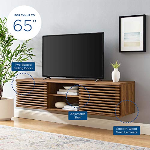 Modway Render 60" Mid-Century Modern Wall Mount Media Console TV Stand, 60 Inch, Walnut