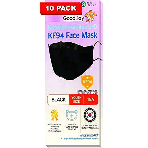 [Pack Of 10] GOODDAY ENGLISH BLACK SMALL Certified KF94 Korean Face Mask Disposable Comfortable YOUTH Face Mask, Age 9-15, Small Size By Happy Life