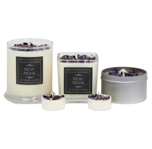 New Moon Candle by New Moon Beginnings - New Beginnings & Manifestation Candle - Dried Flower, Herb, & Crystal Candles - Aromatherapy Candles - Soy Candle - 8oz Tin