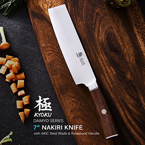 KYOKU 7 Inch Nakiri Knife - Daimyo Series - Vegetable Cleaver with Ergonomic Rosewood Handle, & Mosaic Pin - Japanese 440C Stainless Steel Kitchen Knife with Sheath & Case