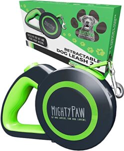 mighty paw retractable dog leash 2.0 | 16’ heavy duty reflective nylon tape lead for pets up to 50 lbs. tangle free design w/one touch quick-lock braking system & anti-slip handle. (green/lite)