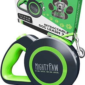 Mighty Paw Retractable Dog Leash 2.0 | 16’ Heavy Duty Reflective Nylon Tape Lead for Pets Up to 50 LBS. Tangle Free Design W/One Touch Quick-Lock Braking System & Anti-Slip Handle. (Green/Lite)