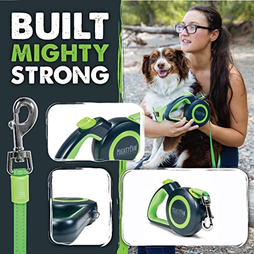 Mighty Paw Retractable Dog Leash 2.0 | 16’ Heavy Duty Reflective Nylon Tape Lead for Pets Up to 50 LBS. Tangle Free Design W/One Touch Quick-Lock Braking System & Anti-Slip Handle. (Green/Lite)