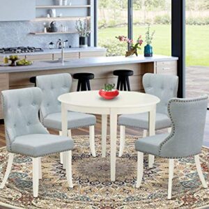 East West Furniture BOSI5-WHI-15 BOSI5-WHI-15-A Set of 4 Wonderful Room Chairs Fabric Baby Blue Gorgeous Wooden Dining Table with Linen White Color