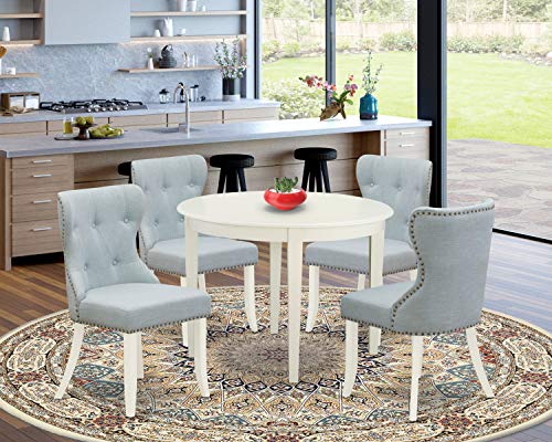 East West Furniture BOSI5-WHI-15 BOSI5-WHI-15-A Set of 4 Wonderful Room Chairs Fabric Baby Blue Gorgeous Wooden Dining Table with Linen White Color