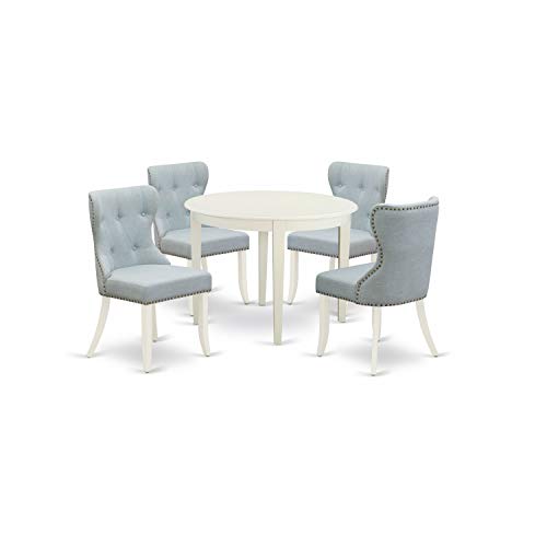 East West Furniture BOSI5-WHI-15 BOSI5-WHI-15-A Set of 4 Wonderful Room Chairs Fabric Baby Blue Gorgeous Wooden Dining Table with Linen White Color