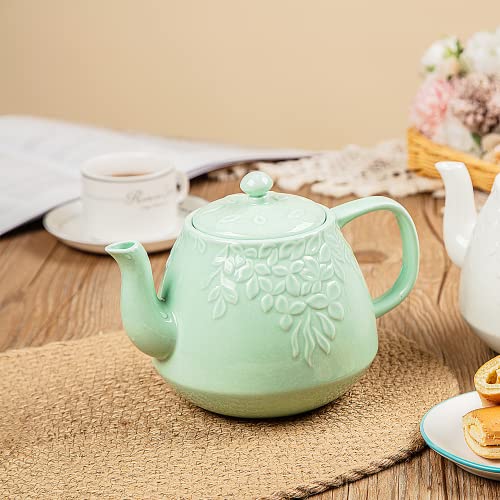 Toptier Leaf Teapot, Porcelain Tea Pot with Infuser and Lid, Blooming & Loose Leaf Ceramic Teapot, 37 Ounce, Light Green