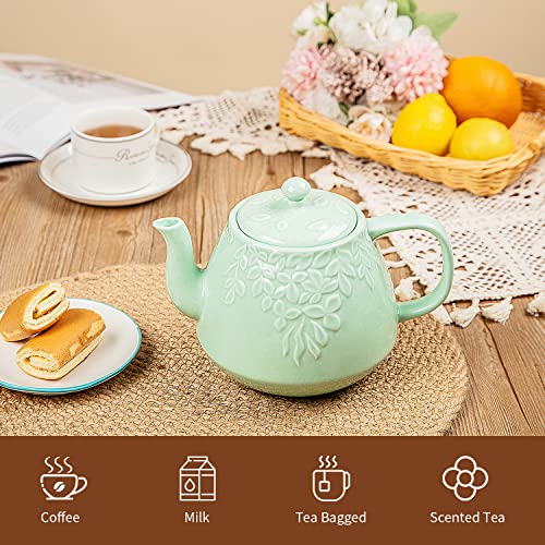 Toptier Leaf Teapot, Porcelain Tea Pot with Infuser and Lid, Blooming & Loose Leaf Ceramic Teapot, 37 Ounce, Light Green